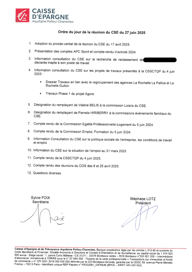 Ordre du jour CSE 27/06/2025 | CE Aquitaine Poitou-Charentes