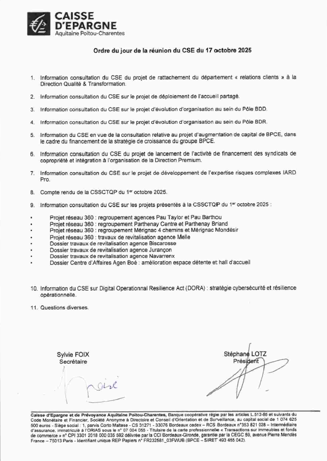 Ordre du jour du CSE du 17/10/2025 - CE Aquitaine Poitou-Charentes - CE ...